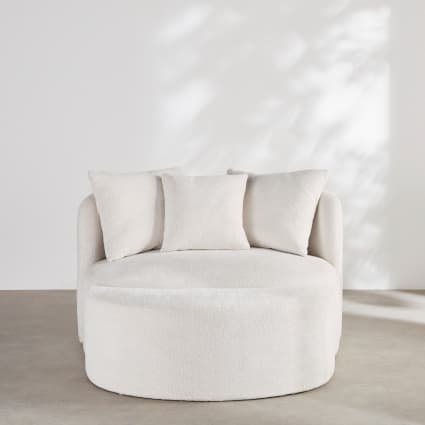 Ronde bank en 1/2-zits poef in ivoorkleurige geweven stof Teese ...