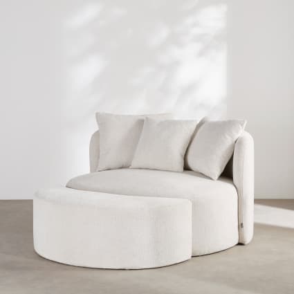 Ronde bank en 1/2-zits poef in ivoorkleurige geweven stof Teese ...