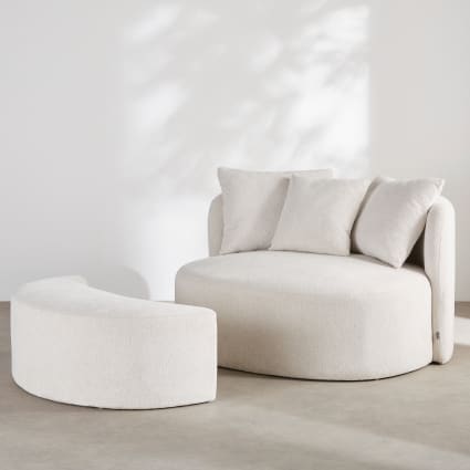 Ronde bank en 1/2-zits poef in ivoorkleurige geweven stof Teese ...