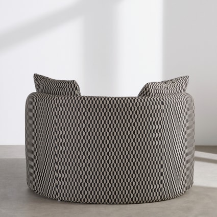 Canapé rond et pouf 1/2 places en textile tramé motif géométrique noir ...