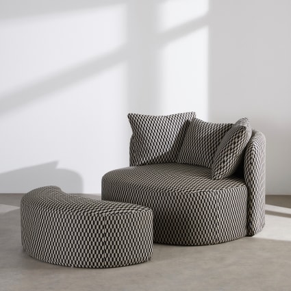 Canapé rond et pouf 1/2 places en textile tramé motif géométrique noir ...
