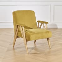 Fauteuil style scandinave en hévéa et velours jaune moutarde Willy ...
