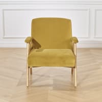 Fauteuil style scandinave en hévéa et velours jaune moutarde Willy ...