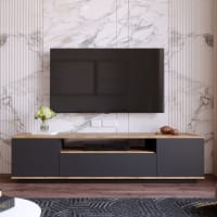 Meuble tv oblongue 3 portes en bois rainuré, gris Calero | Maisons du Monde