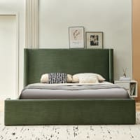 Lit adulte 140x190 cm, tête de lit matelassée en velours côtelé beige ...