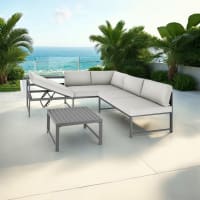 Conjunto jardín 8 plazas acero mesa centro cristal gris | Maisons du Monde