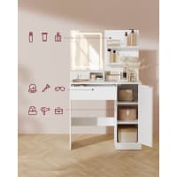 Coiffeuse blanche et armoire avec miroir LED 2 tiroirs et 4 étagères ...