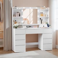 Coiffeuse blanche avec miroir LED réglable, 6 tiroirs, 4 portes ...
