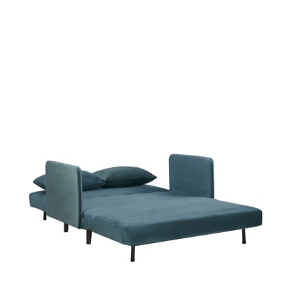 Canapé convertible 2 places en velours pieds bois foncé - Bleu canard ...