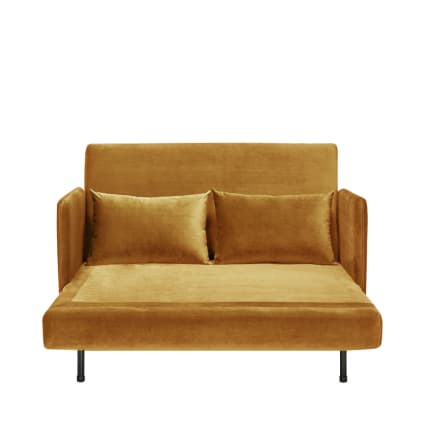 Canapé convertible 2 places en velours pieds bois foncé - Jaune moutar ...