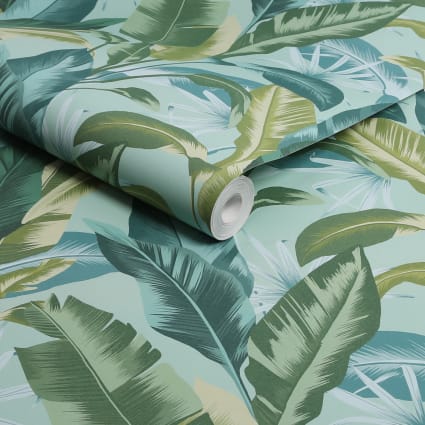 Papel pintado follaje fondo verde 1005x52cm Tropical | Maisons du Monde