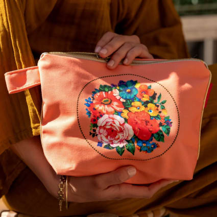 Pochette, toile outdoor résistante, 19x28 cm, motif fleuri rose Holy ...