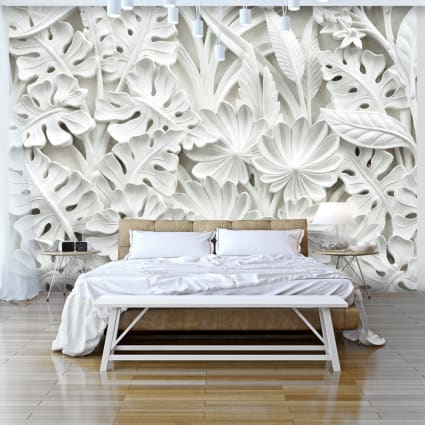 Papier peint feuillage blanc en relief pour déco raffinée 400 x 280 cm ...