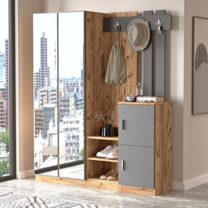 Mueble de entrada de diseño de madera y gris con espejo Anka | Maisons ...