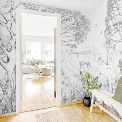 Papel pintado panorámico Safari a Tanzania, Blanco y negro 3 ...