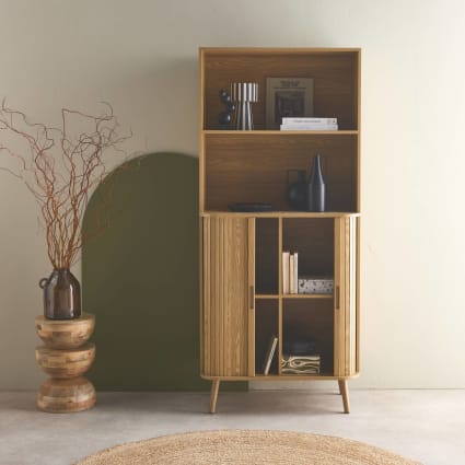 Libreria in legno scanalato con 2 ante scorrevoli a 4 livelli, marrone ...