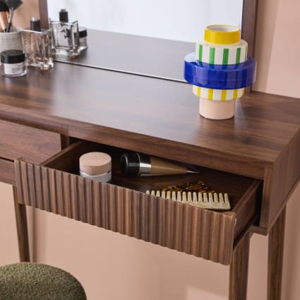 Schminktisch Holzoptik, abgerundeter Spiegel 90 cm, Nussbaum Linear ...