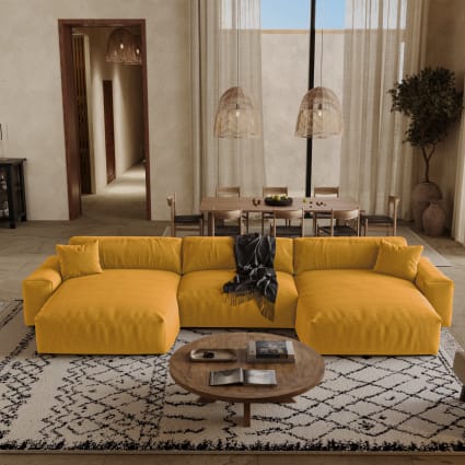 Canapé panoramique 6 places en tissu tramé toucher doux moutarde Cheer ...