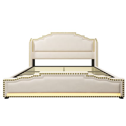 Cama doble tapizada en beige real con iluminación led | Maisons du Monde