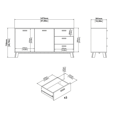 Buffet 2 portes, 3 tiroirs décor chêne et blanc L147,2 cm Storm ...