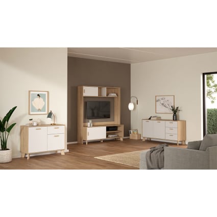 Buffet 2 portes, 3 tiroirs décor chêne et blanc L147,2 cm Storm ...