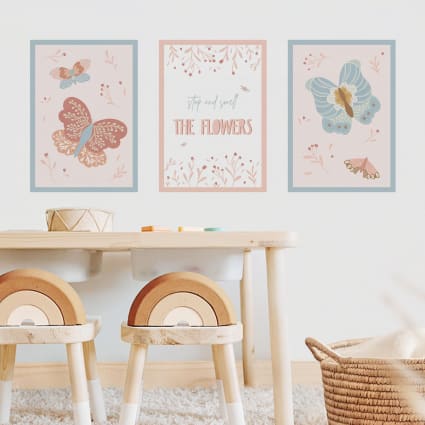 Art print (set de 3) mariposas azul y rosa 21x29,7 cm Butterfly bush ...