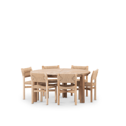 Runder Tischset 150cm und 6 Stühle aus Holz und beigem Rattan Bruna ...