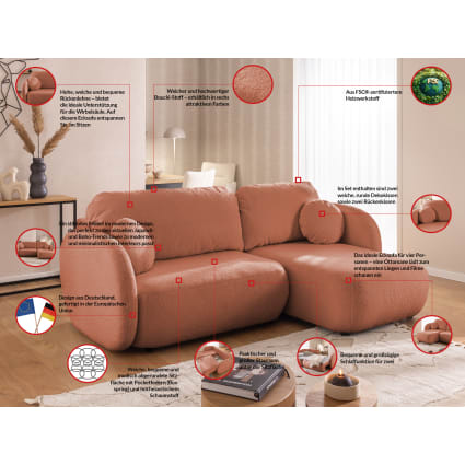 Modernes Ecksofa mit Schlaffunktion und Stauraum aus Terrakotta Bouclé ...