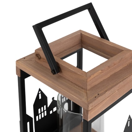 Holzlaterne 22cm mit Kerzenständer und Henkel Metall/Glas Stadt Muster ...
