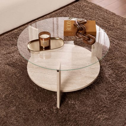 Table basse ronde 75x75x40 cm en verre et décor travertin - NECO Neco ...