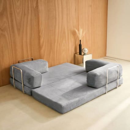 Divano letto futon in velluto a coste e struttura cromata, grigio ...