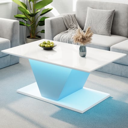 Table basse blanche laquée avec éclairage LED bleu | Maisons du Monde