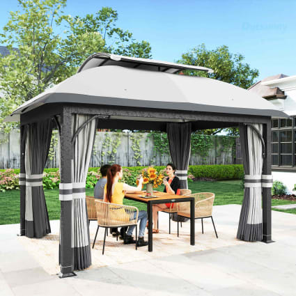 Gazebo da giardino 4x3 m con zanzariere e doppio tetto grigio chiaro ...