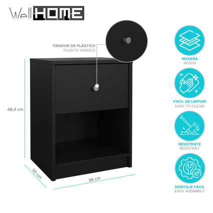 Mesita de noche de 1 cajón color negro 37,9x30,1x48,4cm Ebro | Maisons ...