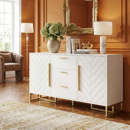 Sideboard élégant blanc à motif chevrons avec 2 portes et 3 tiroirs ...