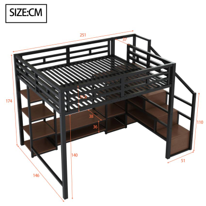 Hochbett aus Metall mit TV-Ständer und Steckdose 140x200 cm，schwarz ...