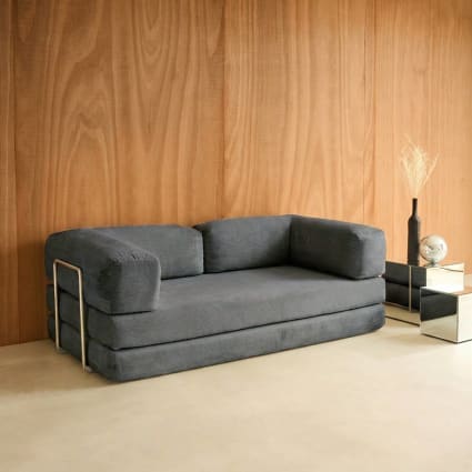 Divano letto futon in velluto a coste e struttura cromata, grigio ...