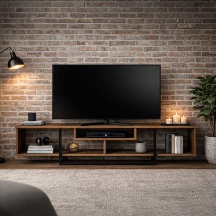 Walnuss- und schwarzer Industriedesign-TV-Ständer mit Stauraum – 149 c ...