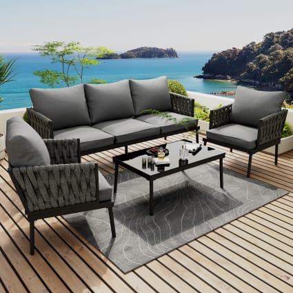 Salon de jardin 5 places en corde tressée grise | Maisons du Monde