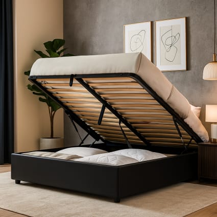 Lit coffre électrique en simili cuir noir 140x200cm Eden | Maisons du Monde
