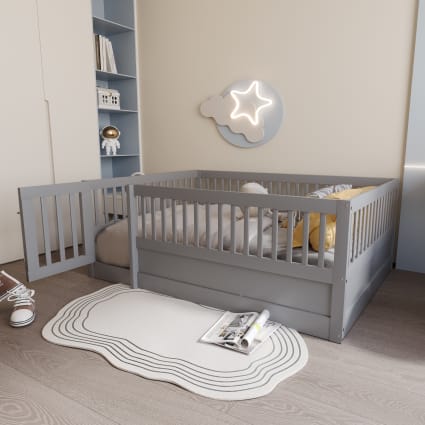 Lit enfant au sol en pin gris avec barrière et porte 140 x 200 cm ...