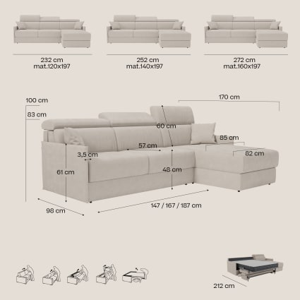 Divano letto angolare in tessuto smacchiabile 232 cm sinistro panna ...