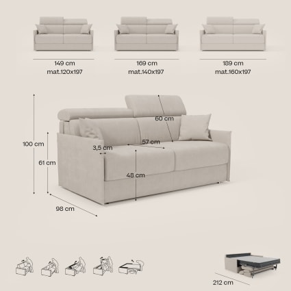 Divano letto con poggiatesta reclinabili 189 cm in tessuto panna Miryam ...