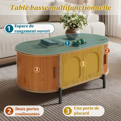 Table basse ovale effet bois naturel avec portes coulissantes en rotin ...