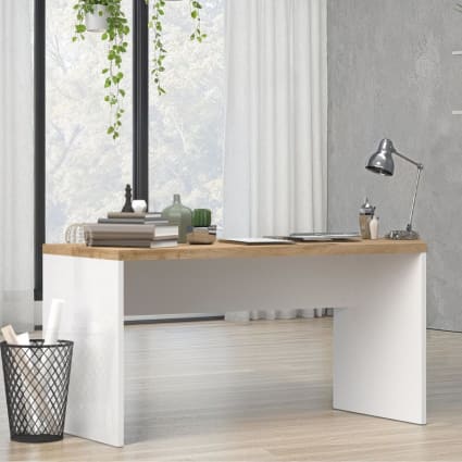 Bureau 138cm blanc laqué plateau aspect bois cadiz Genius | Maisons du ...