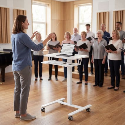 Bureau debout réglable hauteur plateau clavier roulettes acier blanc ...