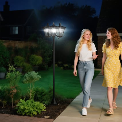Lampadaire de jardin solaire LED 3 têtes acier inox. plastique noir ...