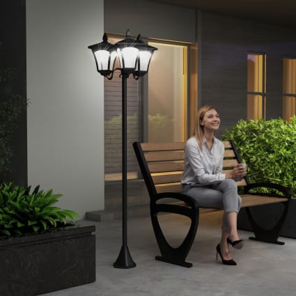 Lampadaire de jardin solaire LED 3 têtes acier inox. plastique noir ...