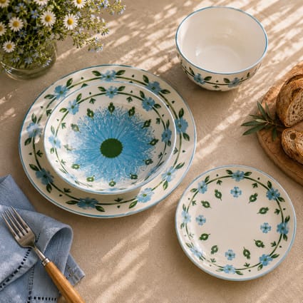 Lot de 6 assiettes plates 27cm en porcelaine blanc et bleu floral ...