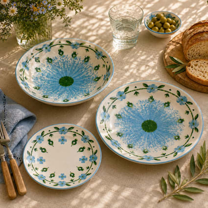 Lot de 6 assiettes plates 27cm en porcelaine blanc et bleu floral ...